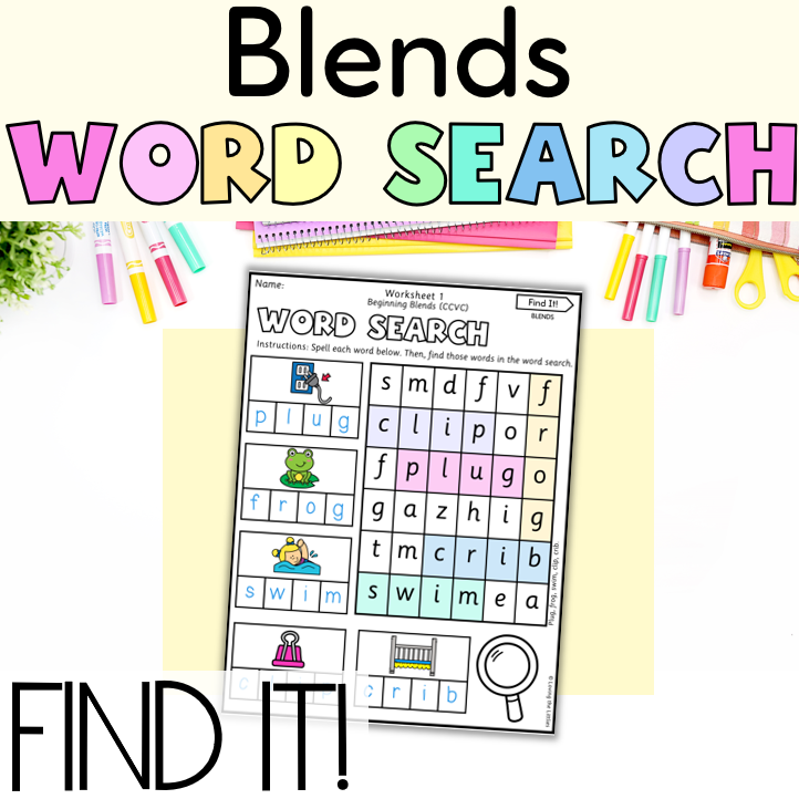 Find It! Prep/Kindergarten Blends Word Search Worksheets | CCVC and CV ...