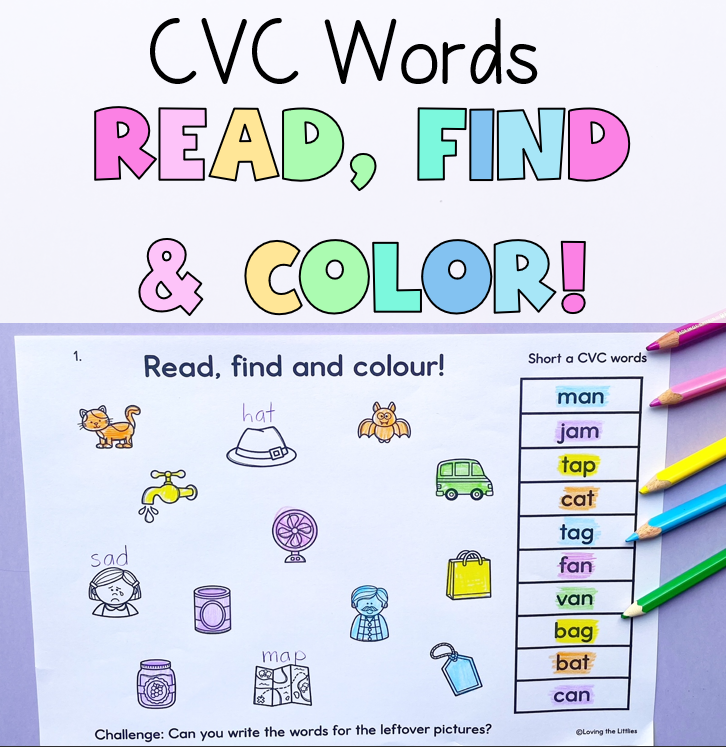 CVC Word Worksheets for Kindergarten | Read Find and Colour – Loving ...